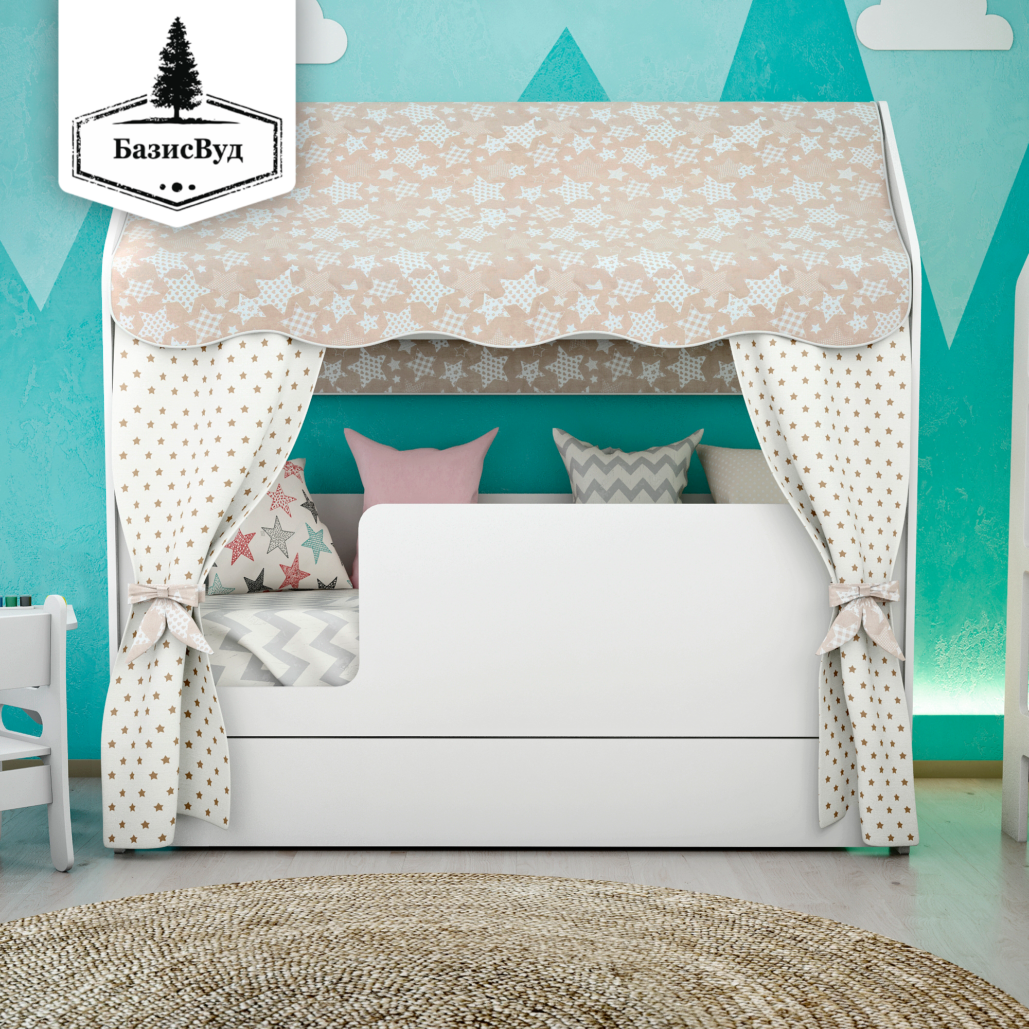Кровать-домик, Детская кроватка с бортиком под матрас 160х80, БазисВуд "Сладкий сон" с текстилем (бежевый со звездами) и ящиком, вход универсальный