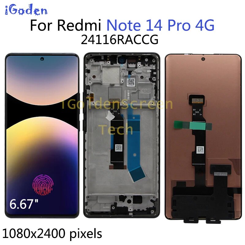 6,67 "AMOLED для Xiaomi Redmi Note 14 Pro 4G ЖК-дисплей 24116RACCG, сенсорный дигитайзер для Redmi Note14Pro 4G ЖК-дисплей Blue With Frame