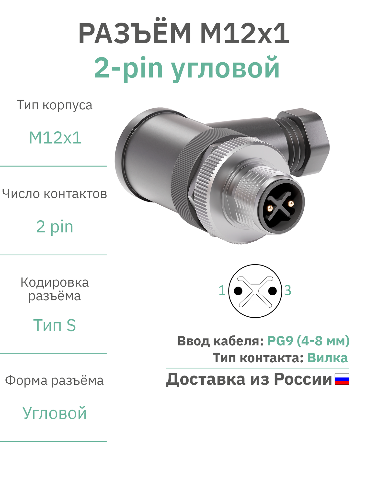 Разъём M12 S-coding 2 pin угловой / вилка (папа) / PG9 (4-8 мм диаметр под кабель) / модель RAZM-M12-C2A-CODE-S-PG9