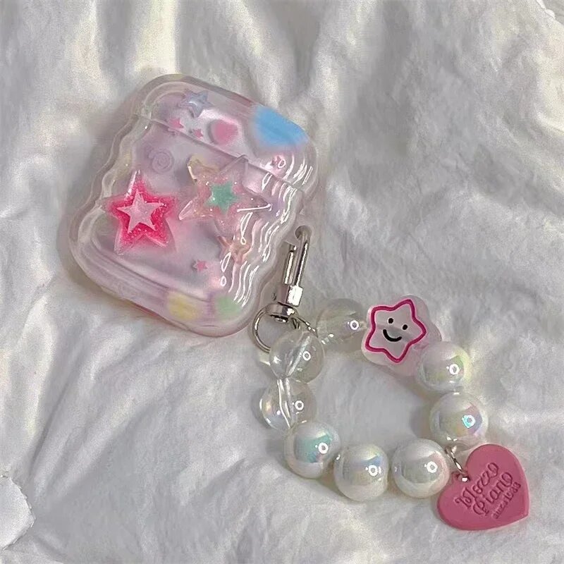 2025 Корейский милый чехол для наушников с 3D розовой звездой и волнистой каймой для AirPods 4 3 2 Pro 2 с подвеской в виде сердца любви, мягкий чехол