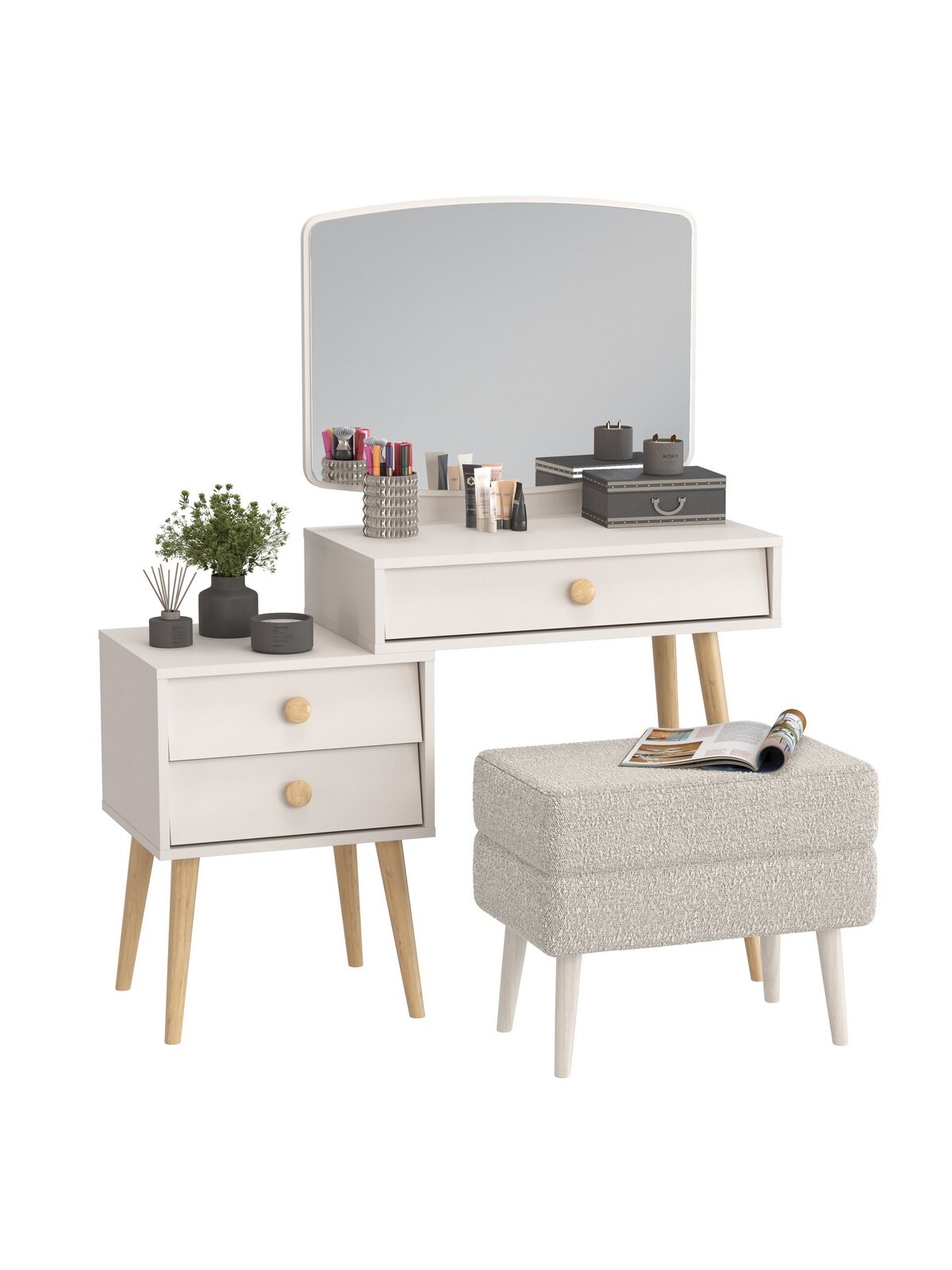 Трюмо для девушки в спальню Афина и банкетка Тифани, кашемир серый/ткань светло-серая, 105х38,6х129 + 55х33х46 см.
