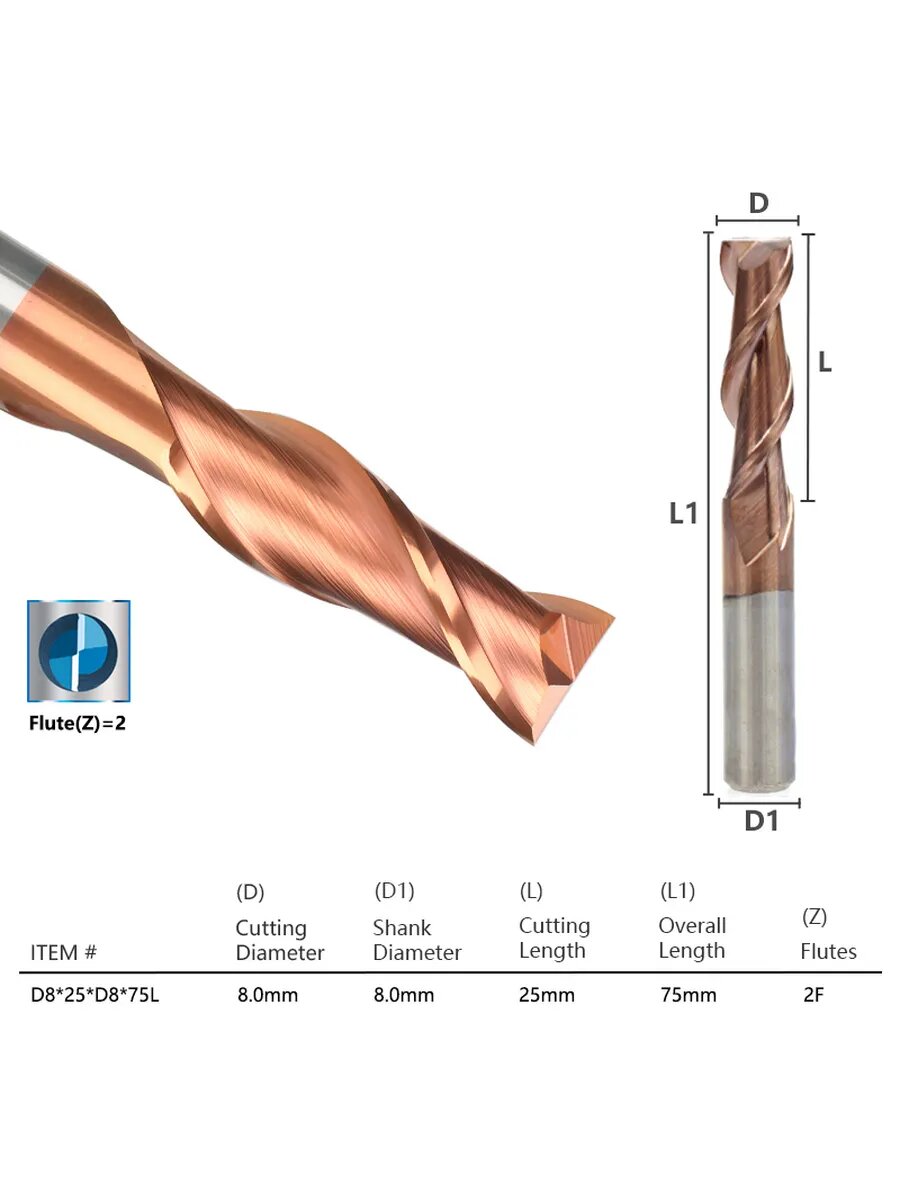 Фреза по металлу концевая 8 мм твердосплавная 8x8x25x75 мм
