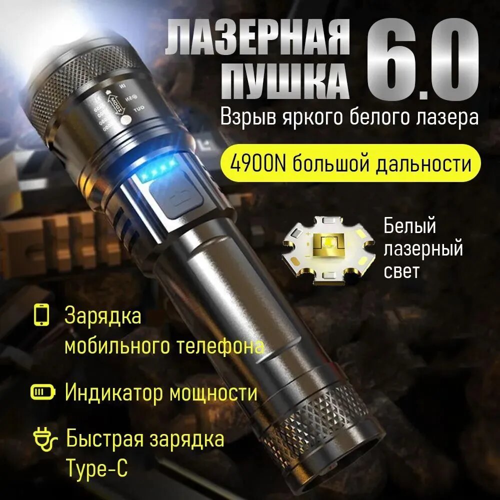 Фонарик белый лазер, заряжаемый, с зумом, корпус пластик-ABS=v=