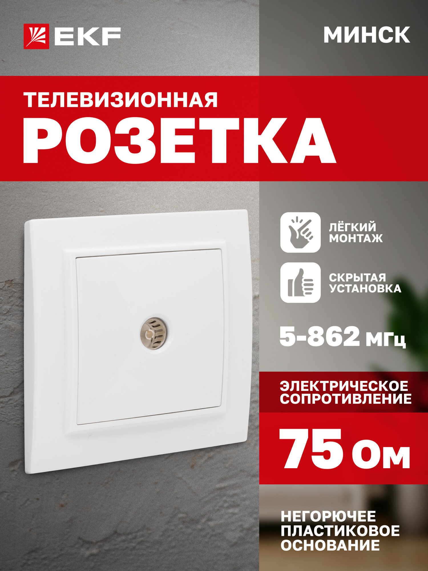 Розетка телевизионная EKF Basic СП Минск TV антенная, одинарная (1-местная), 75Ом 5-862МГц, белая