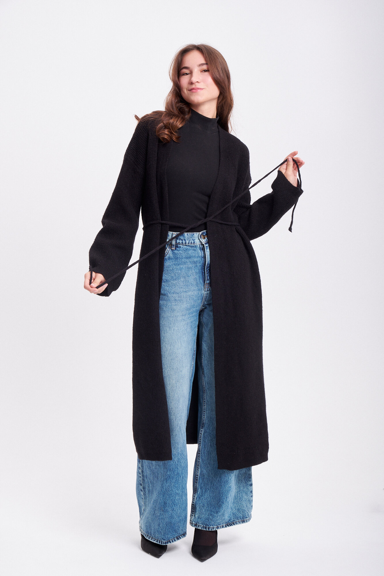 Кардиган  Кардиган удлиненный женский черный с тонким поясом one size