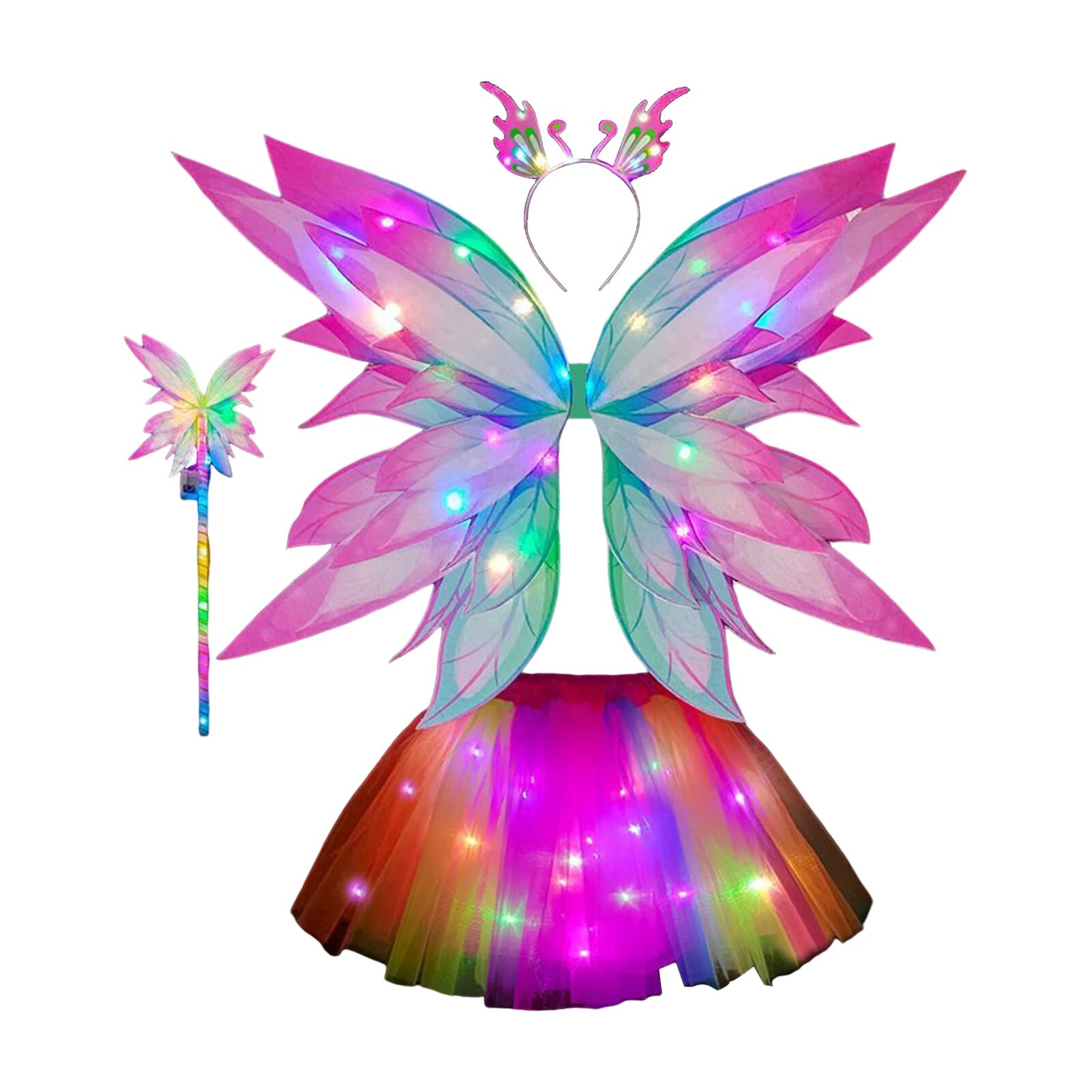 Светящийся костюм феи с крыльями бабочки для девочек Red 4pcs