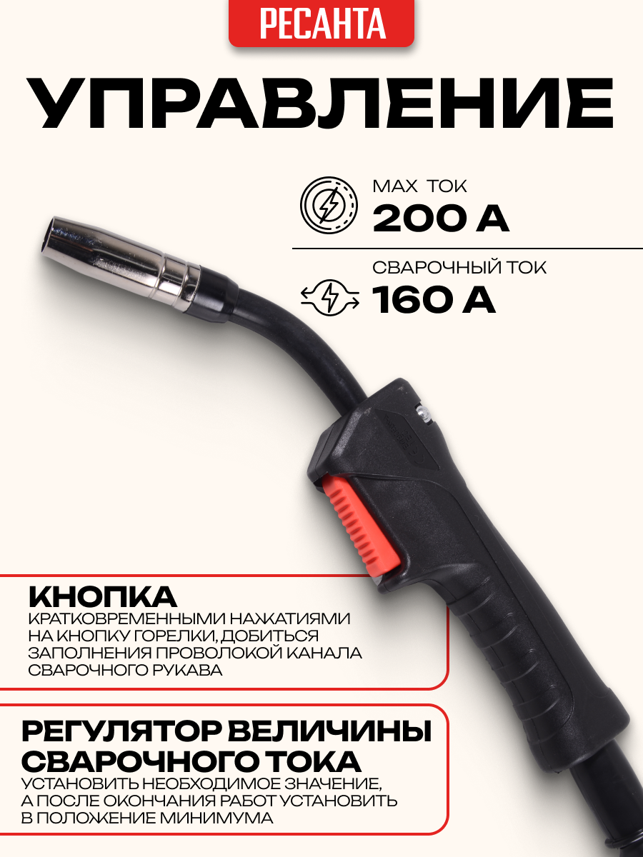 Горелка Ресанта САИПА-160, длина 2 м, диаметр проволоки 0.6-1.0 мм — фото 1