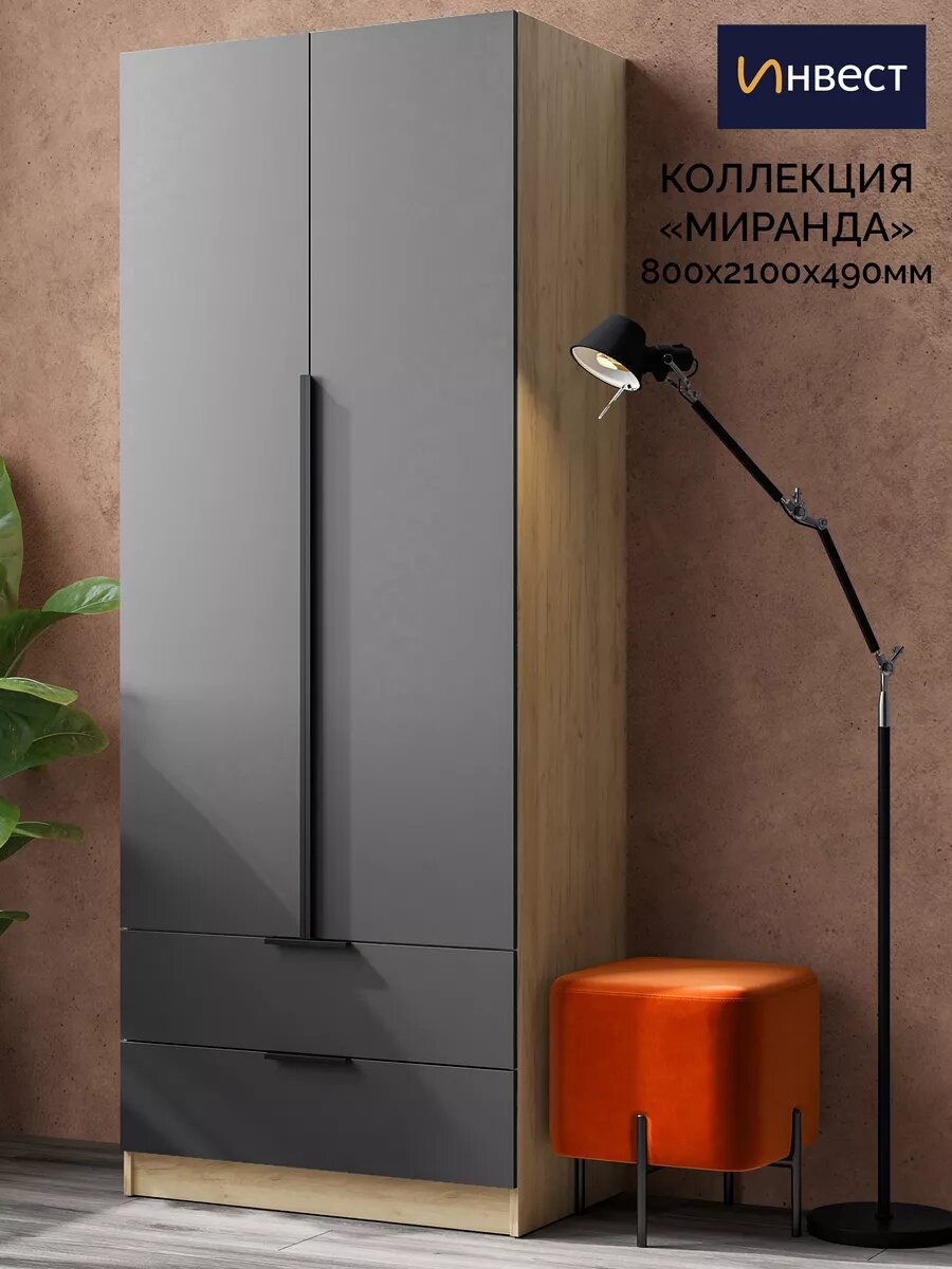 Шкаф распашной двустворчатый с ящиками Миранда графит серый , 2 ящика