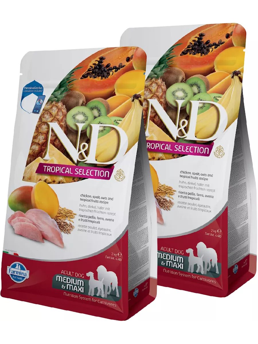 Корм сухой Farmina Dog N&D Tropical Selection Adult Medium & Maxi Chicken для средних и крупных собак курица, 2кг х 2шт
