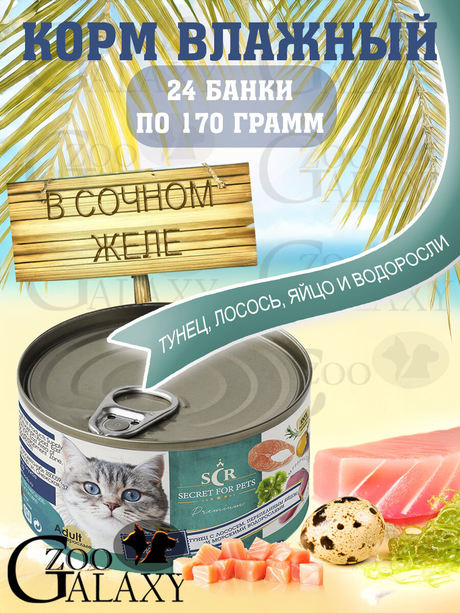 SECRET FOR PETS Консервы для кошек тунец, лосось, перепелиное яйцо 24х170 г