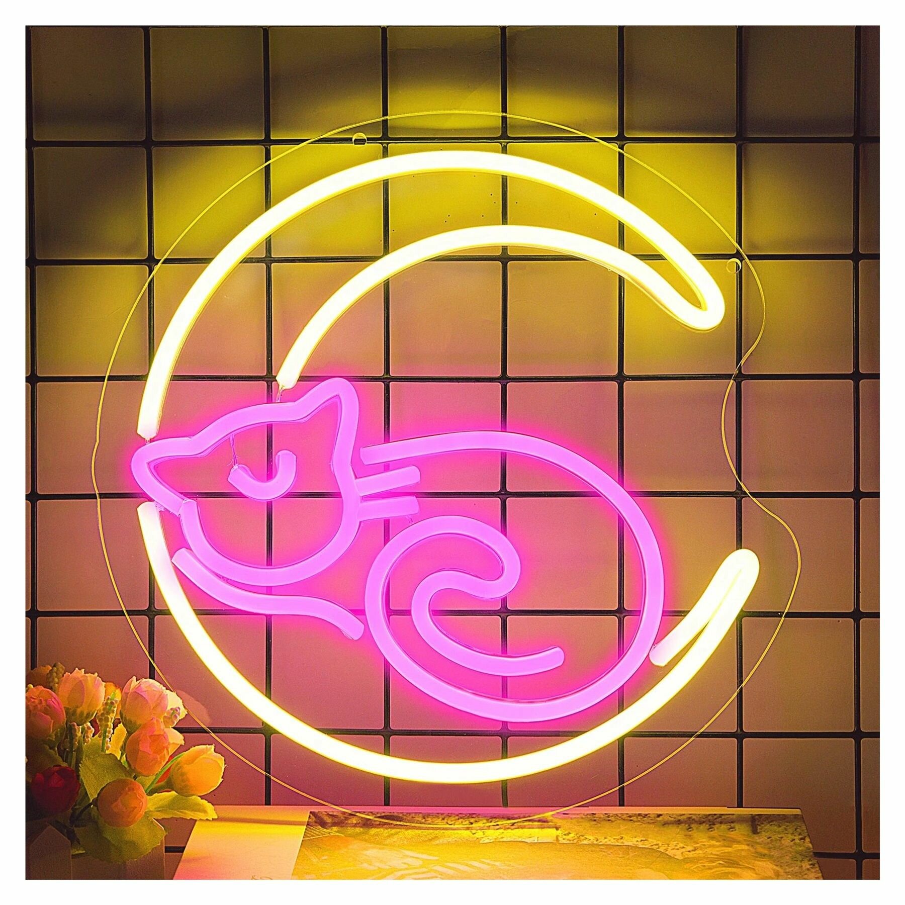 Неоновая Вывеска С Изображением Лунного Кота, Светодиодная Лампа С Мультяшным Рисунком, 31 См X 31 См
