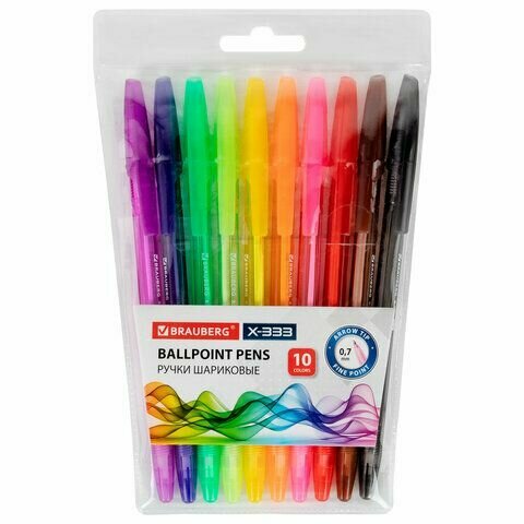6 шт. Ручки шариковые BRAUBERG "X-333", набор 10 цветов, узел 0,7 мм, линия 0,35 мм, 144251