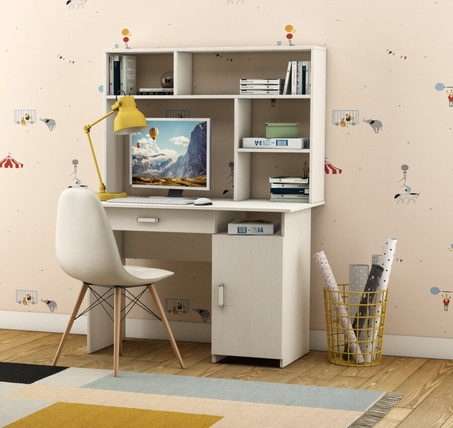 Стол письменный, стол компьютерный Лайт (Ньюкасл) 3Я с надстройкой белое дерево