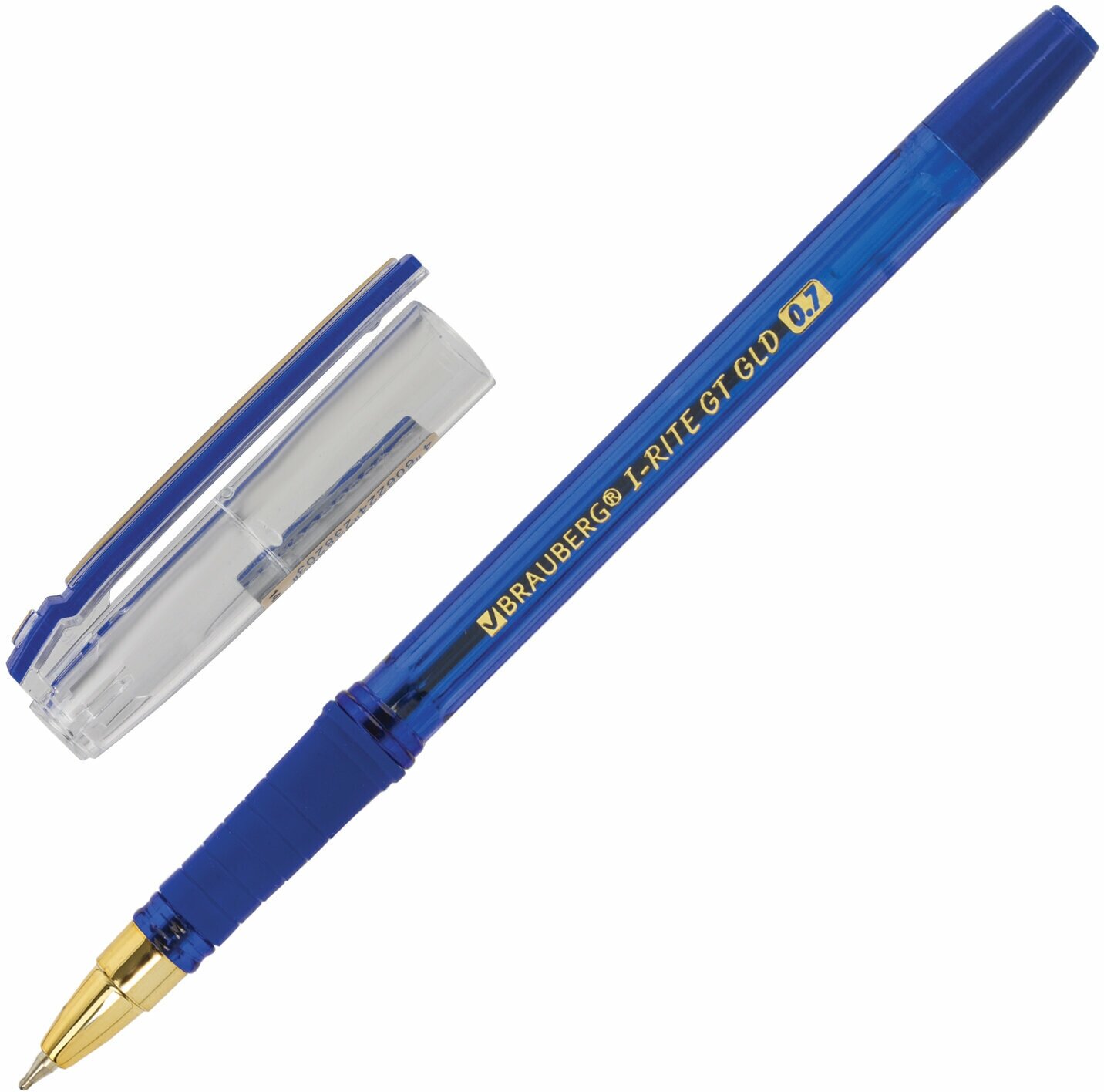 Ручка шариковая масляная с грипом BRAUBERG "i-Rite GT GLD", синяя, корпус тонированный синий, узел 0,7 мм, 1 шт, 143302