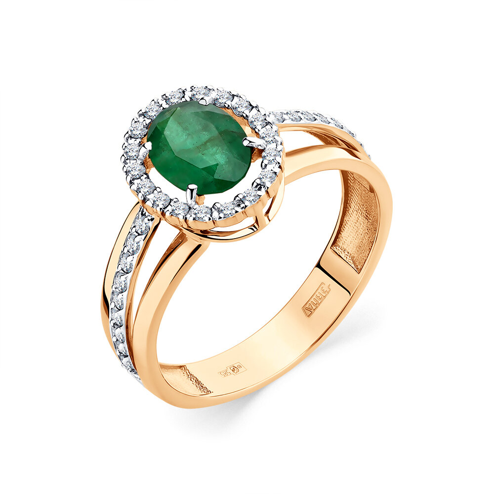 Кольцо, красное золото, 585 проба, бриллиант, изумруд