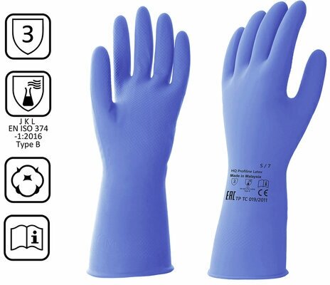 Перчатки латексные КЩС, прочные, хлопковое напыление, размер 7 S, малый, синие, HQ Profiline, 74733