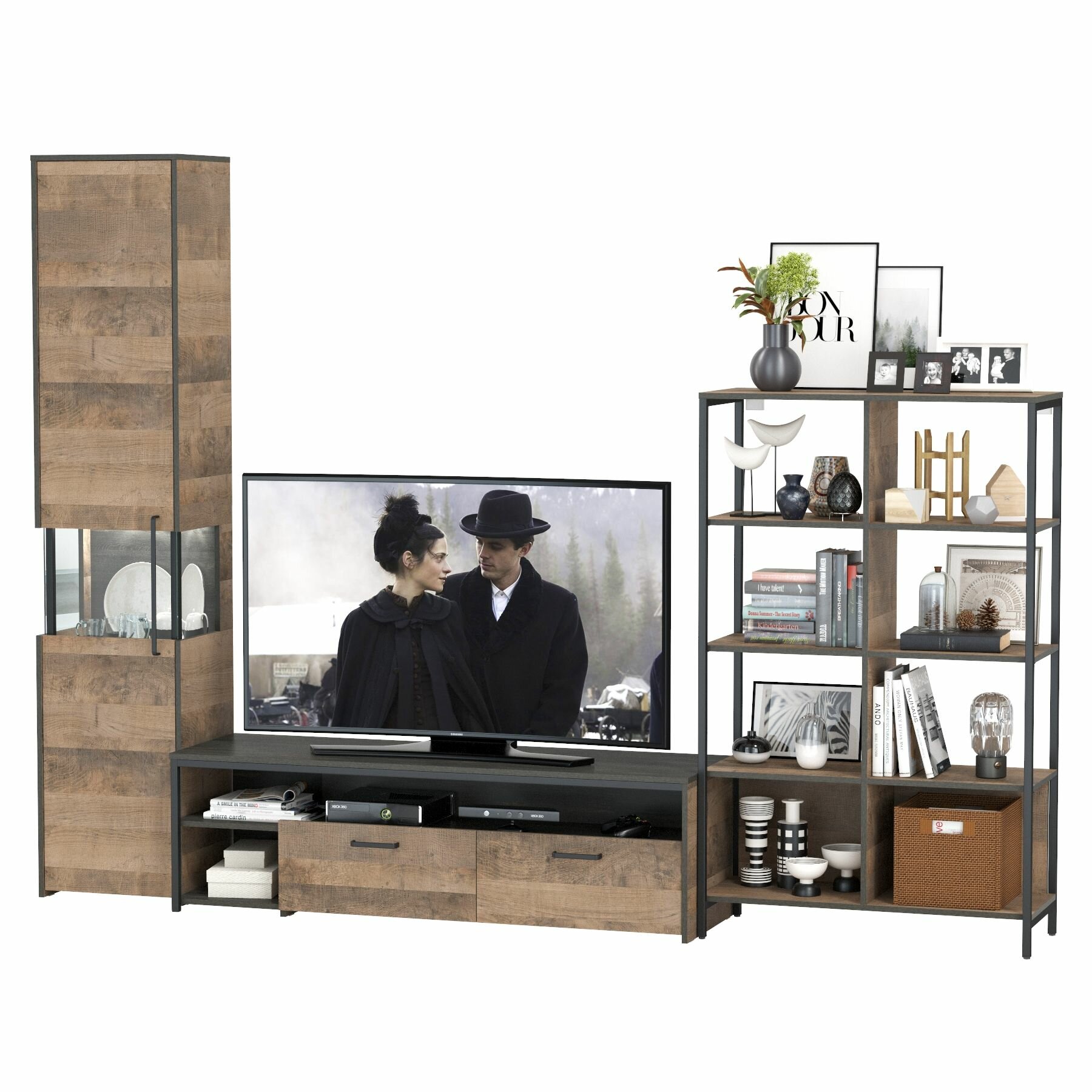 Гостиная с подсветкой Трувор № 16, цвет дуб гранж песочный/интра, ШхГхВ 284,6х45,4х210 см, универсальная сборка