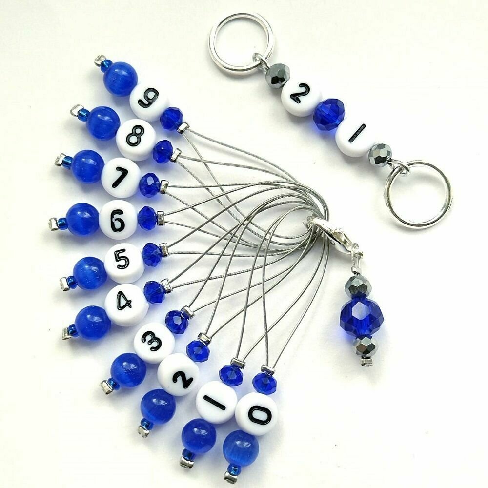 Маркеры для вязания спицами на тросике с цифрами , набор 10 шт плюс маркер четных и нечетных рядов