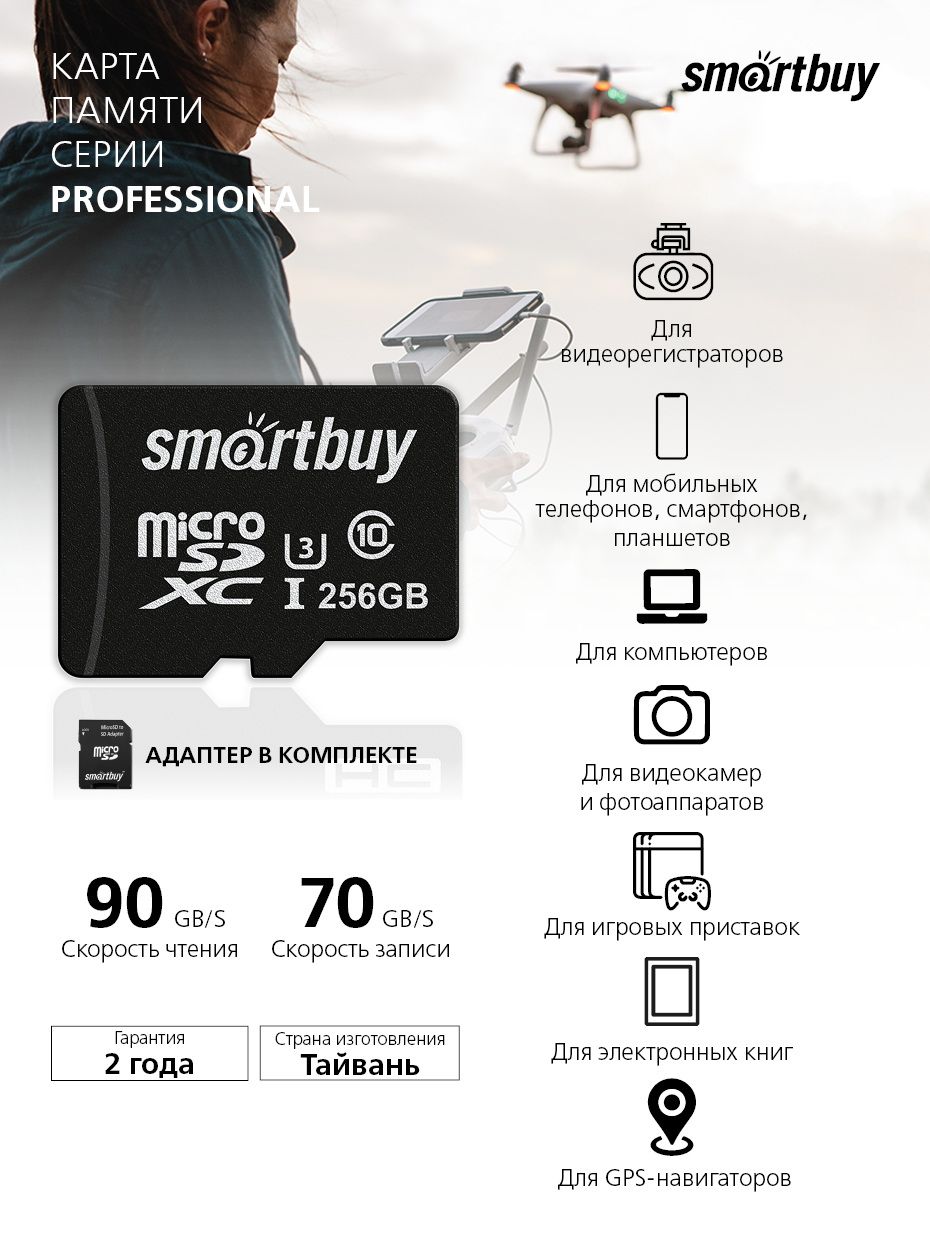 Карта памяти скоростная MicroSDXC SmartBuy 256 Gb PRO 90/70 Mb/s UHS-I U3 SB256GBSDCL10U3-01 / для регистратора