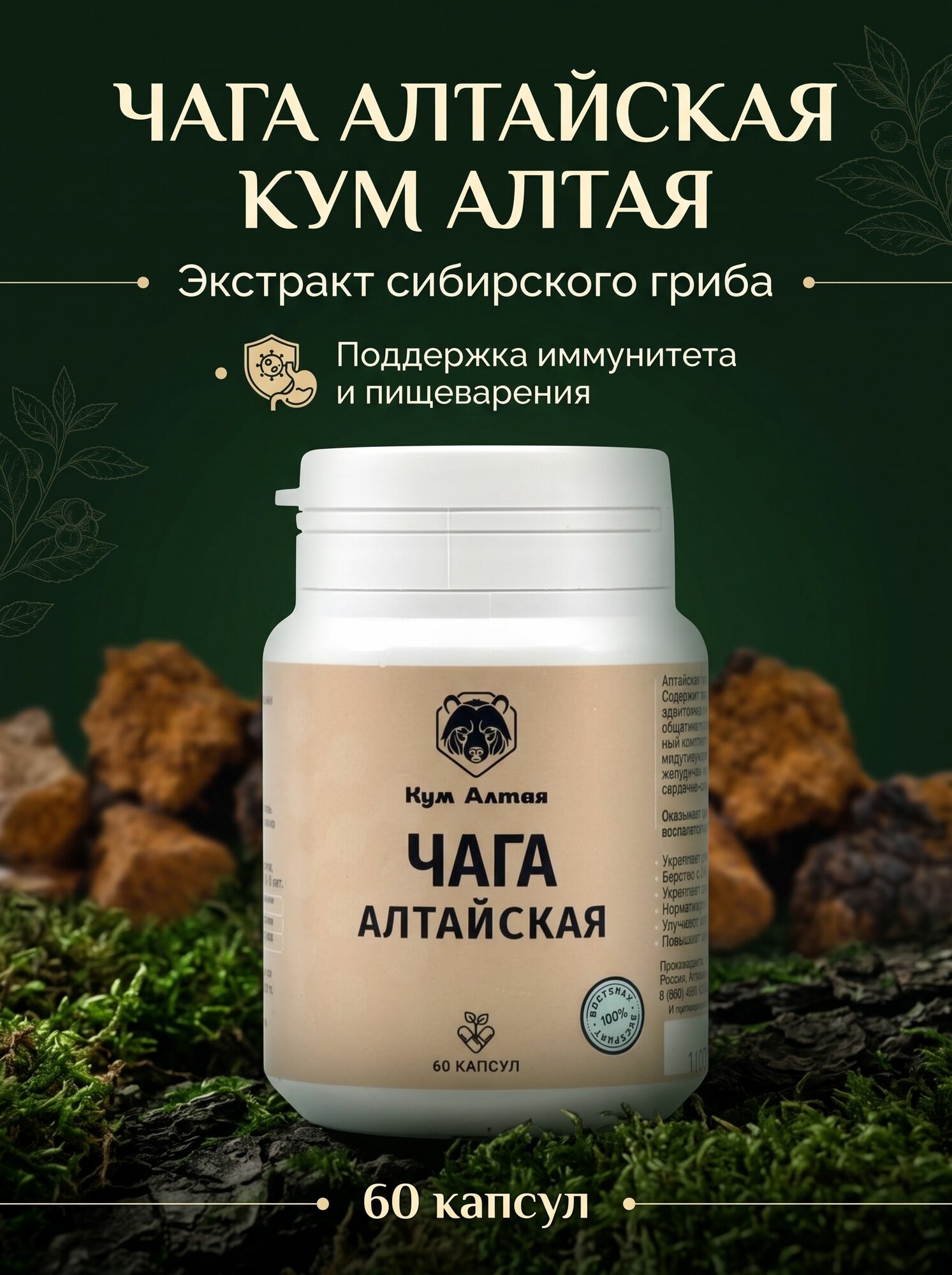 Чага алтайская Кум Алтая, 60 капсул по 500 мг. Для укрепления иммунитета, противоопухолевое и противовоспалительное средство