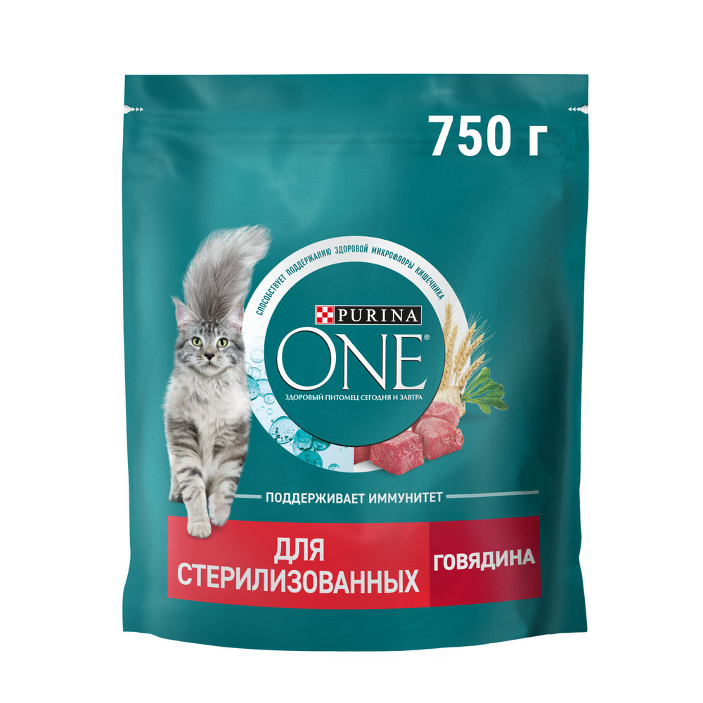 Корм сухой для взрослых кошек PURINA ONE Sterilised с говядиной и пшеницей для стерилизованных, 750г