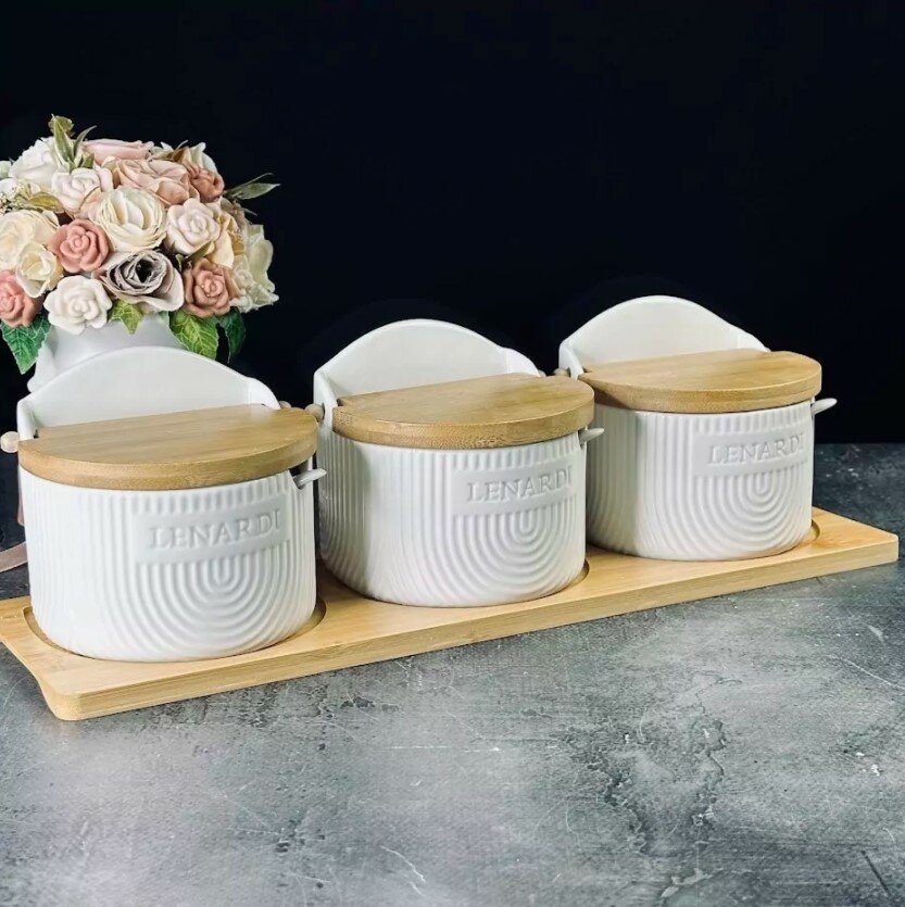 Набор из 3 банок 420 мл с лажками на подставке BAMBOO Фарфор, бамбук 140-085 118-140-085