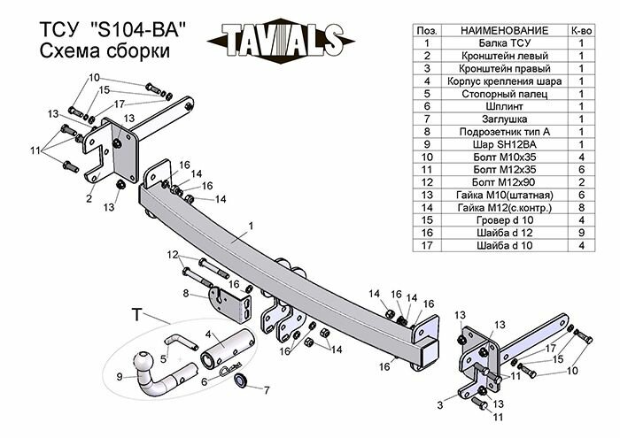 Фаркоп(прицепное) Tavials для SKODA OCTAVIA TOUR (хетчбек) 1997- (С быстросъемным шаром),(паспорт и сертификат в комплекте)(без электрики)T-S104-BA