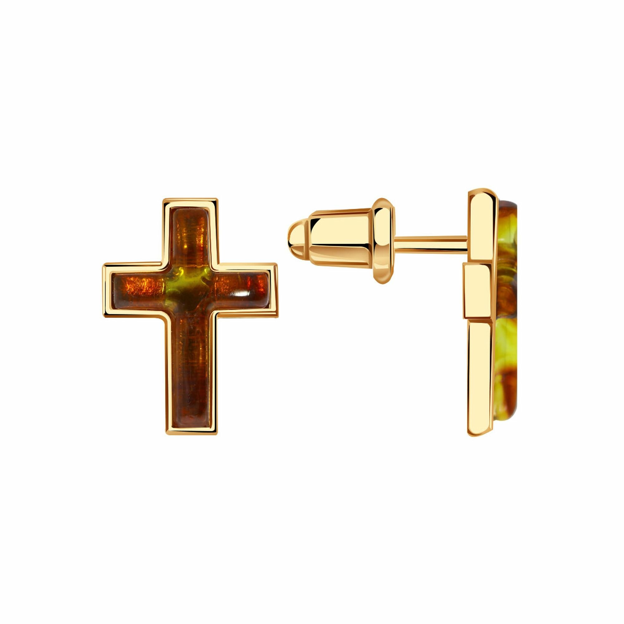 Серьги пусеты, красное золото, 585 проба, янтарь