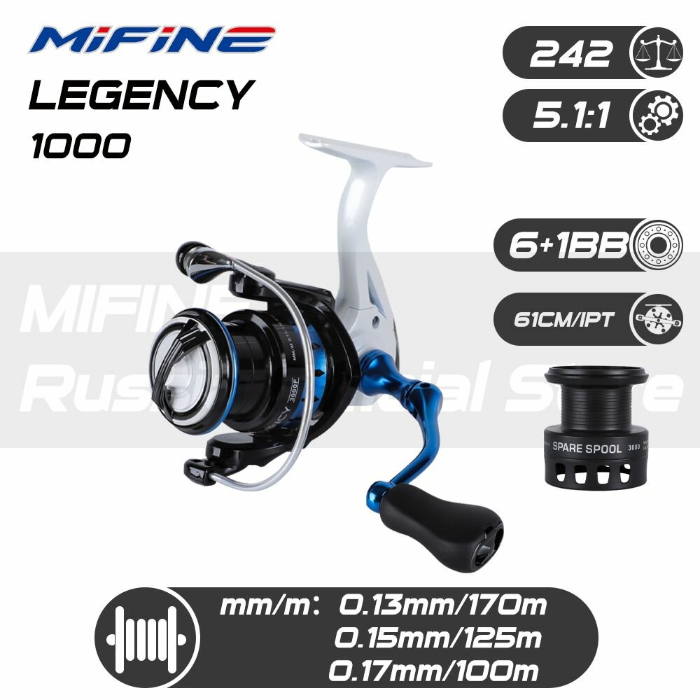 Катушка рыболовная MIFINE LEGENCY 1000F 6+1подшипник (запас. металл. шпуля) (5:1.1), для спиннинга, для карповой ловли, для фидерной ловли