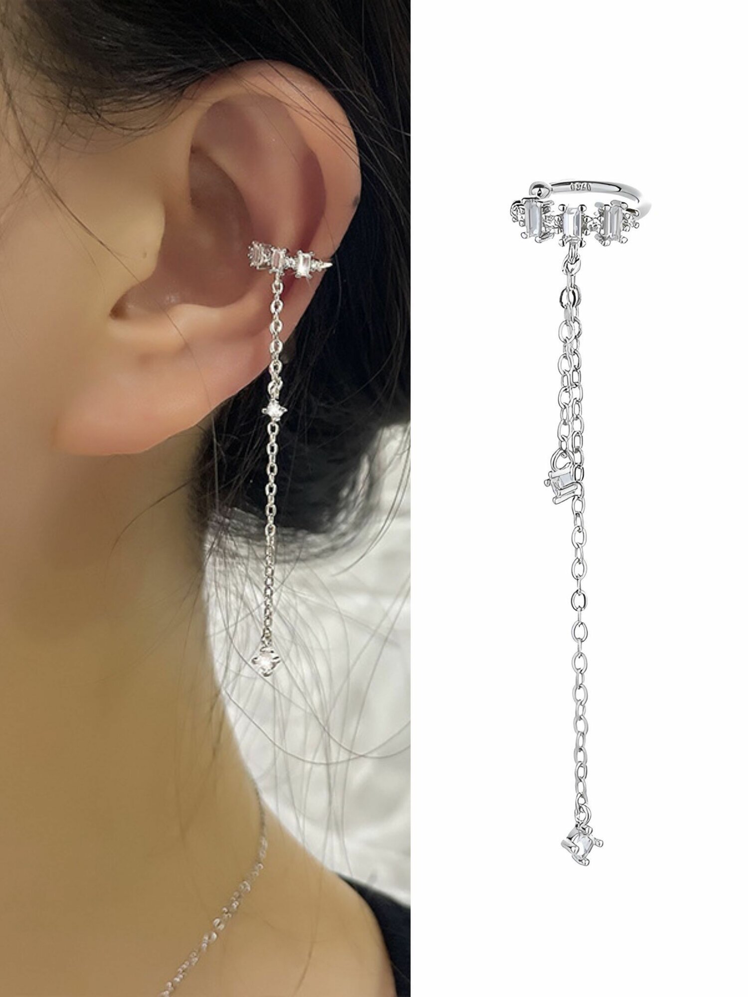 Серьги одиночные, каффы, кристалл, искусственный камень, кристаллы Swarovski
