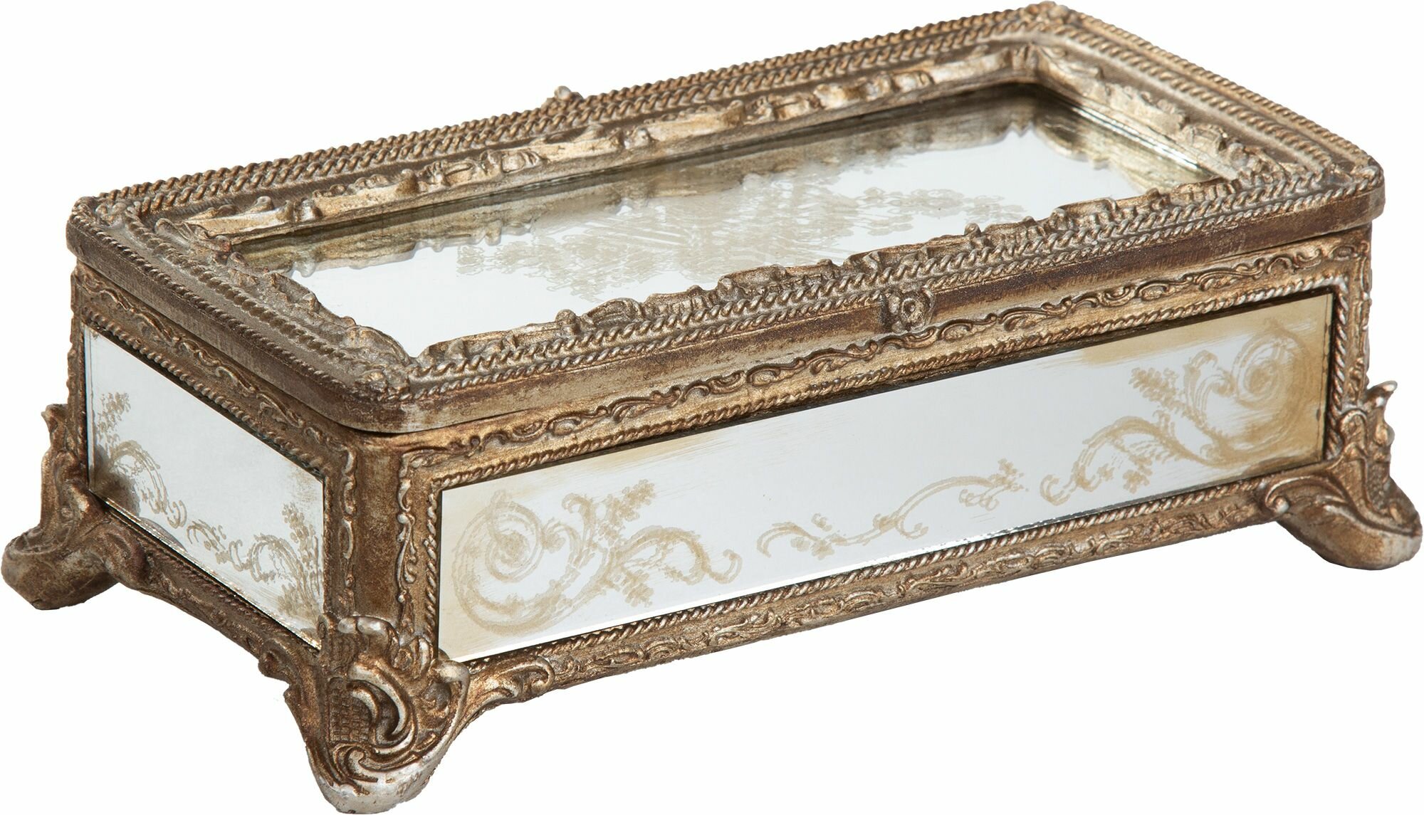 Шкатулка резная с зеркальными панелями под старину 22х12х7 см из полисмолы и стекла