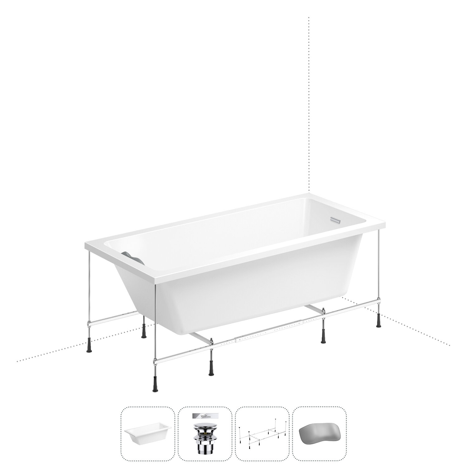 Акриловая ванна 165х80 с каркасом Wellsee FreeDom 2.0 20212782R в наборе 4 в 1: ванна акриловая 165 х 80 см в цвете белый глянец, слив-перелив хром, каркас, подголовник