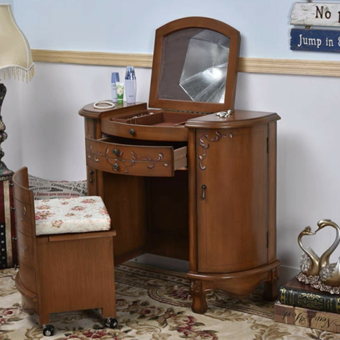 Туалетный столик-комод с креслом и зеркалом Belite (цвет орех)