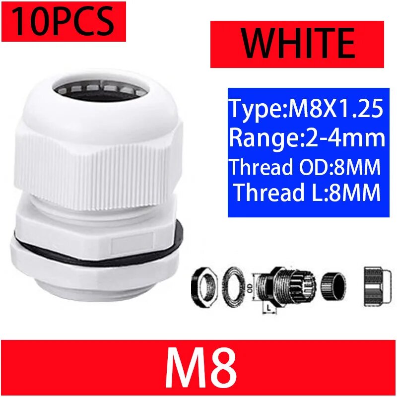 Водонепроницаемые кабельные вводы нейлон M8-M32 IP67 M8 White
