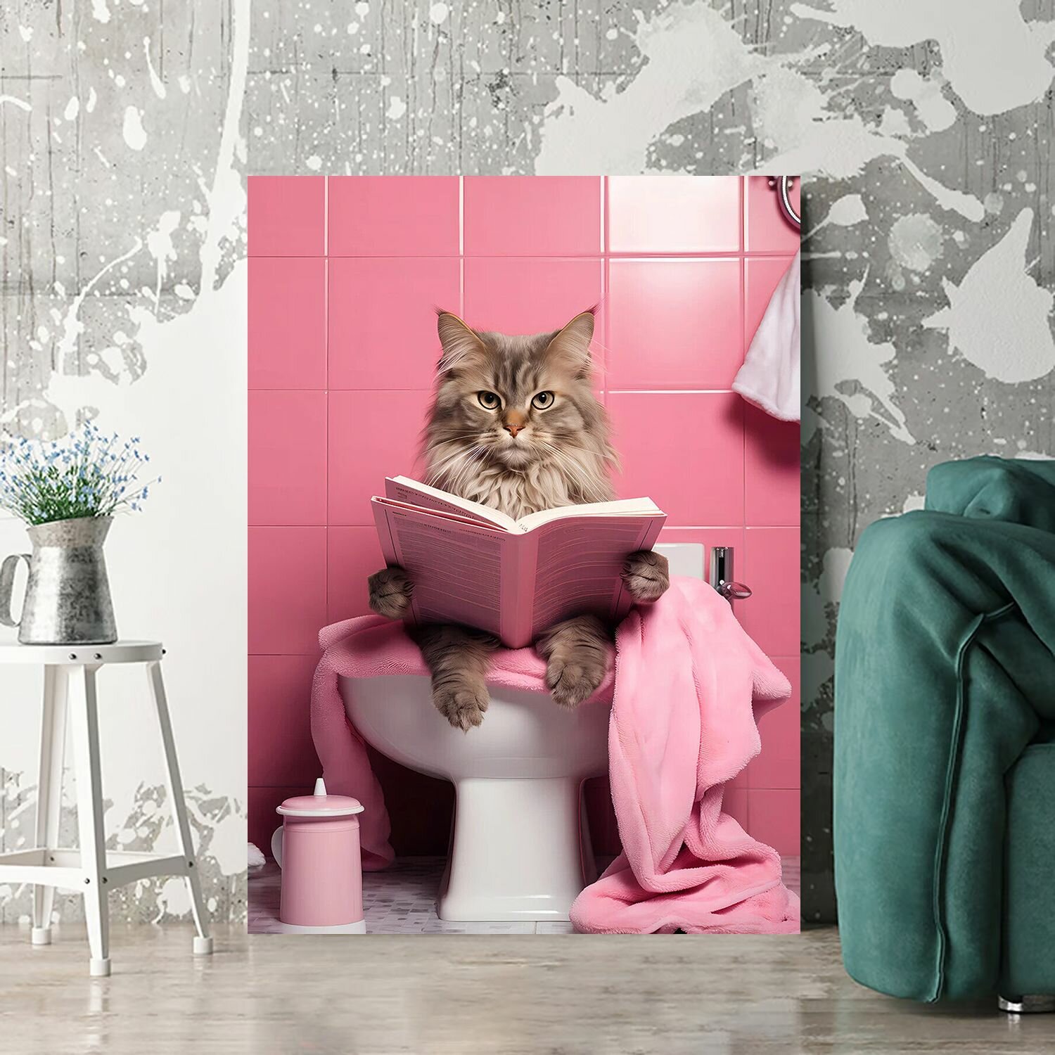 Картина в туалет, ванную комнату Кот читает газету, 50х70 см.