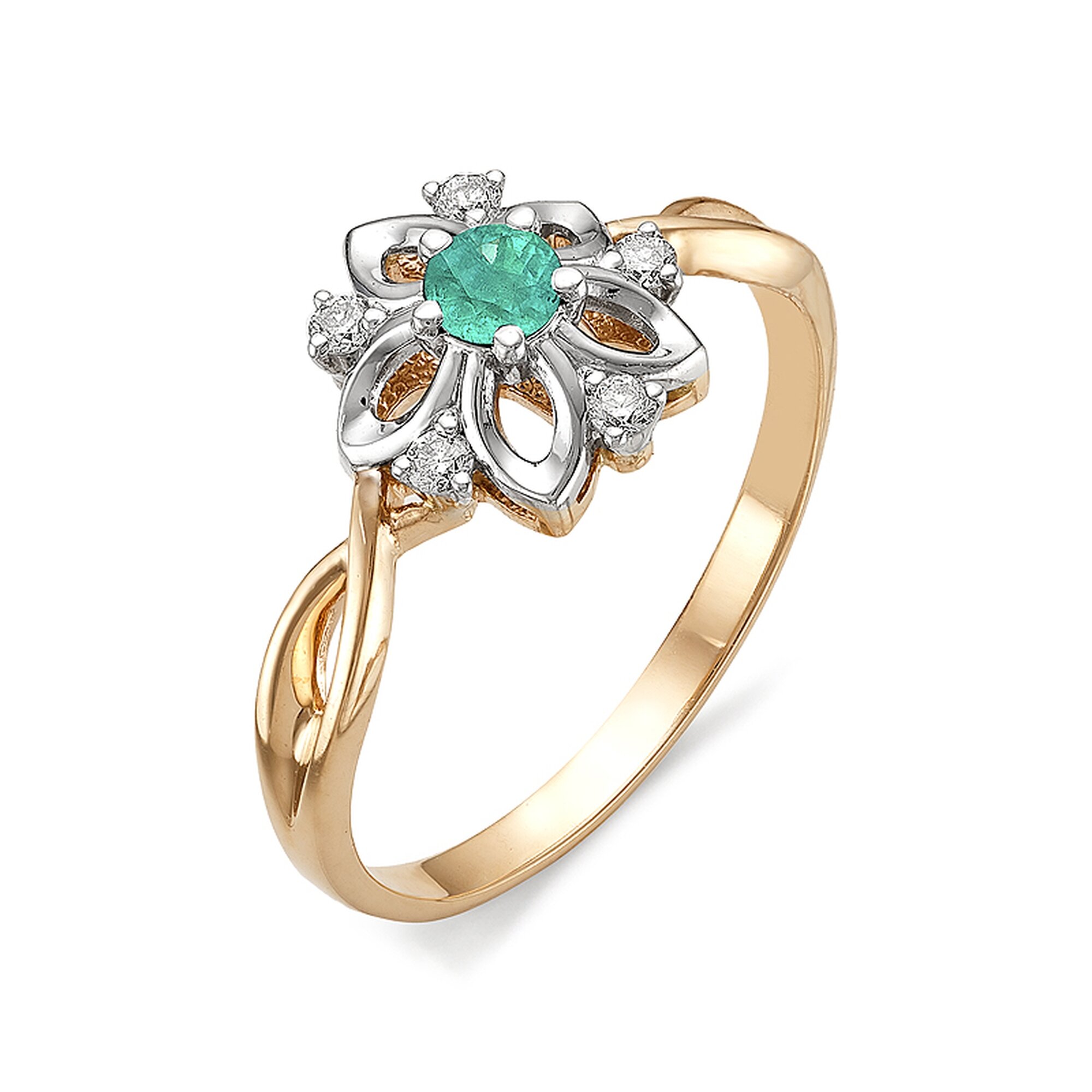 Кольцо, красное золото, 585 проба, изумруд синтетический, бриллиант