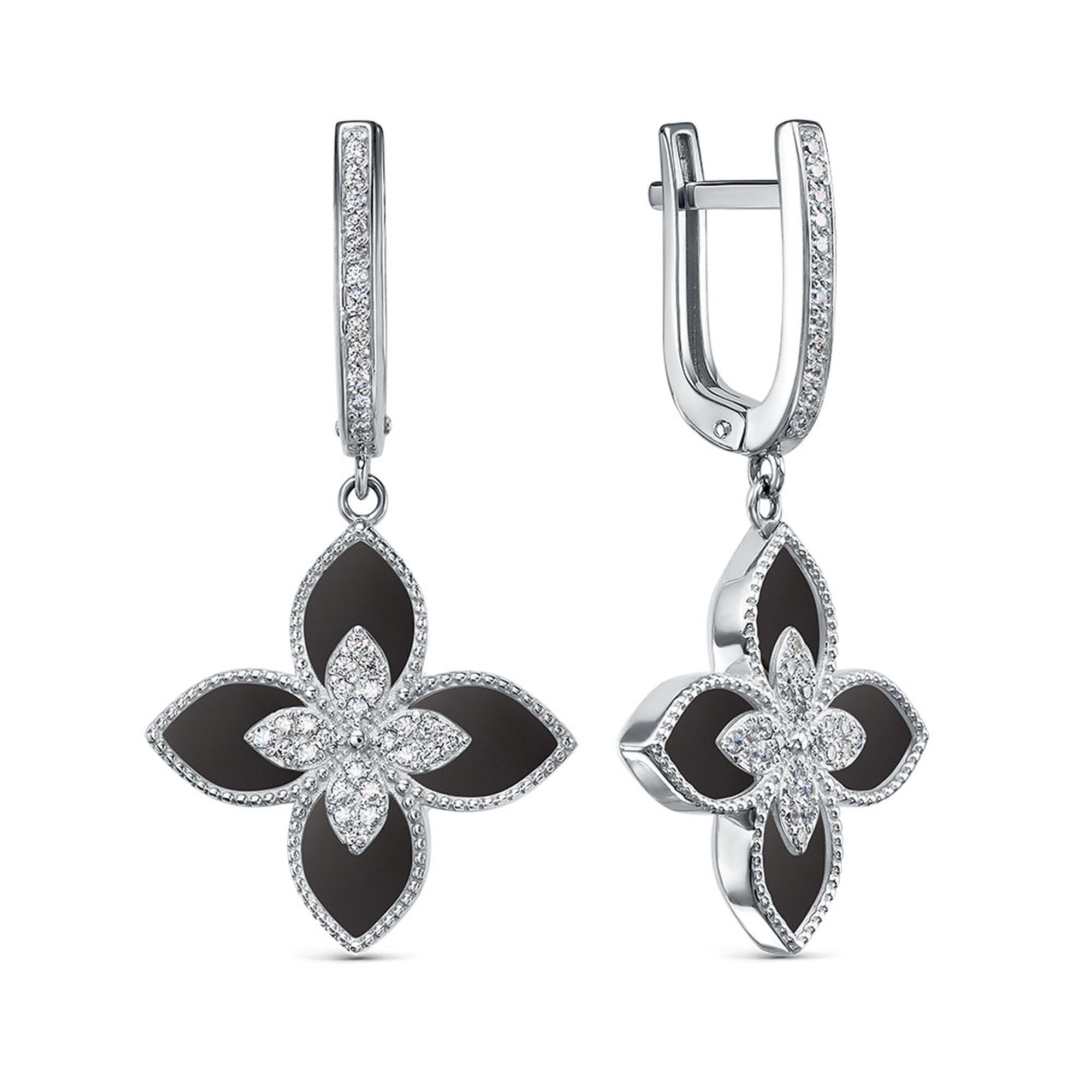 Серьги, серебро, 925 проба, родирование, фианит, оникс