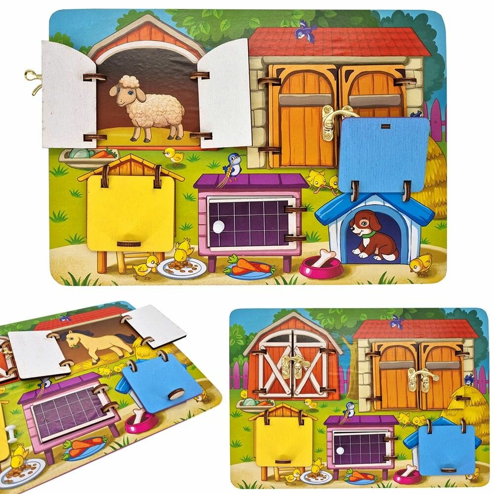Бизиборд Арбо деревянный "Любимая ферма" подвижные элементы, 5 открывающихся дверок (БП-00000355)