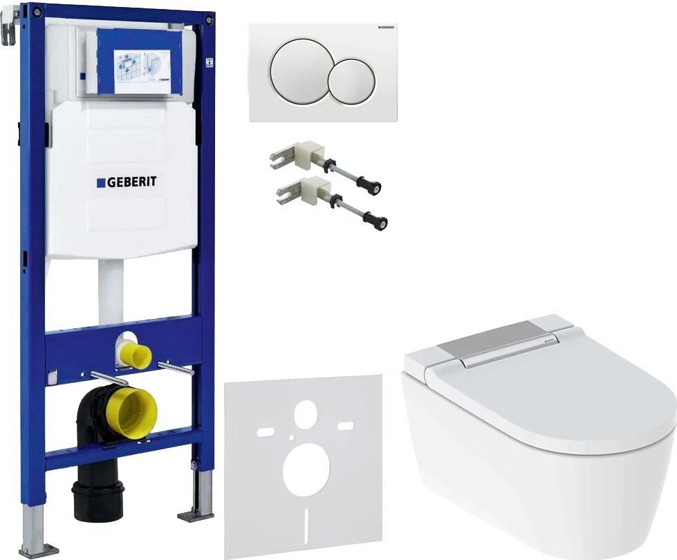 Комплект Унитаз подвесной Geberit AquaClean Sela 146.224.21.1 вставка глянцевый хром / Крепления Duofix к стене / Шумоизоляция, Инсталляция UP 320 111.300.00.5, Кнопка Sigma белая