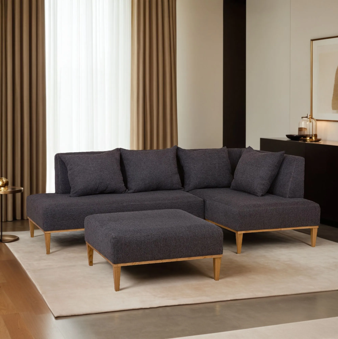 Диван угловой модульный нераскладной, Микровелюр, Темно-серый, 210х210х75 см