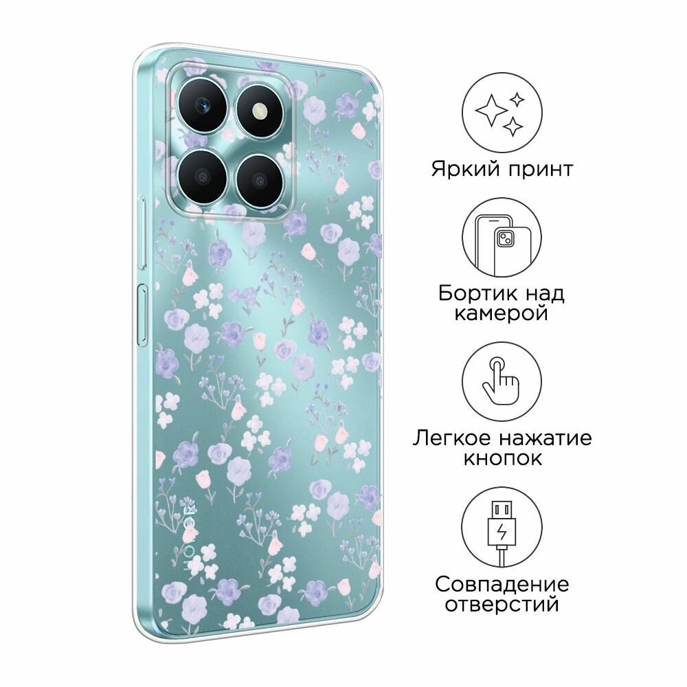 Чехол на Honor X6A / Хонор X6A с принтом "Сиреневые розы паттерн", прозрачный — фото 1