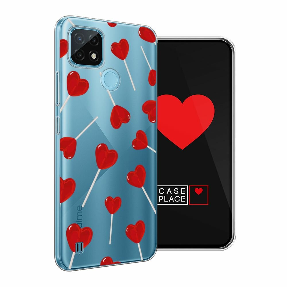 Чехол на Realme C21 / Реалми С21 с принтом "Сердечки-леденцы 2 - 14 февраля", прозрачный — фото 1