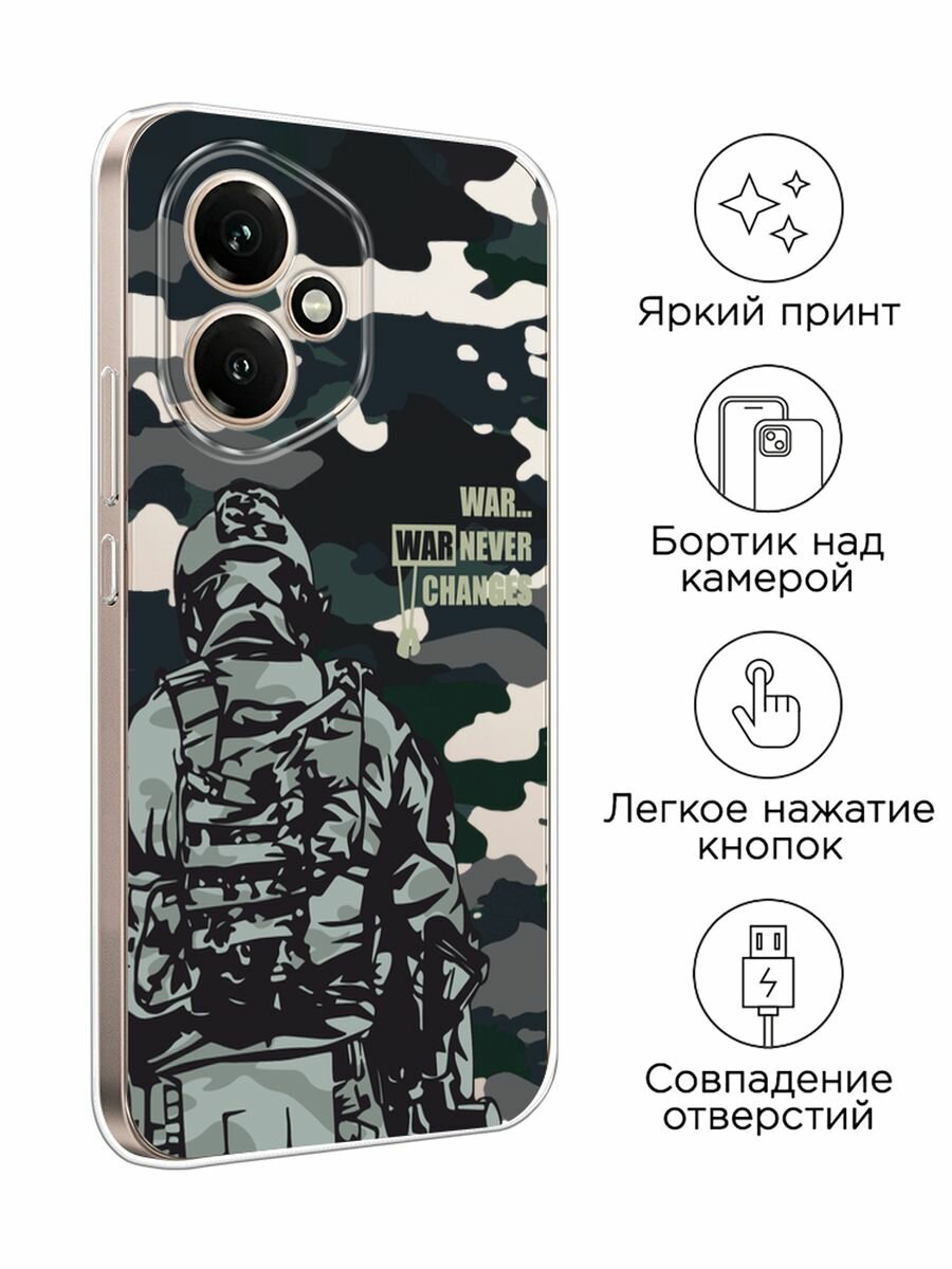 Чехол на Honor 400 / Хонор 400 с принтом "Камуфляж и солдат", прозрачный — фото 1