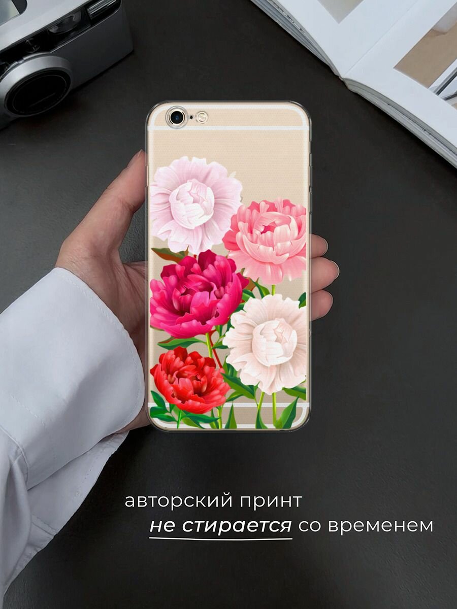 Чехол на Apple iPhone 6 Plus/6S Plus / Айфон 6 Плюс/Айфон 6С Плюс с принтом "Большие пионы", прозрачный — фото 1