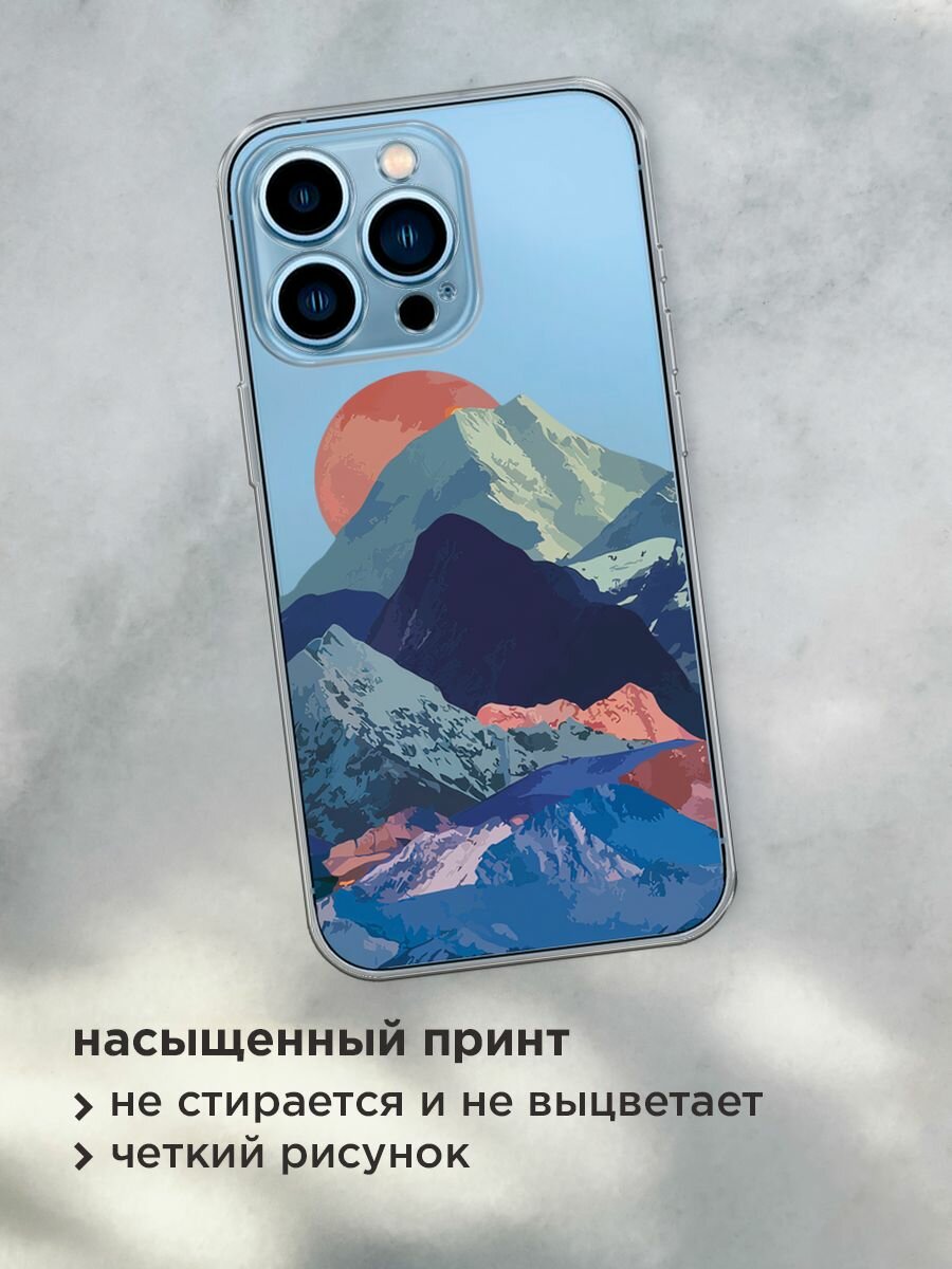 Чехол на Apple iPhone 13 Pro / Айфон 13 Про с принтом "Закат в снежных горах", прозрачный — фото 1