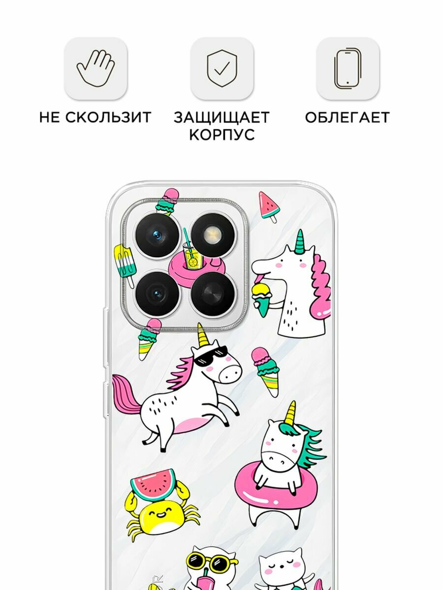 Чехол на Honor X8c / Хонор X8c с принтом "Единороги в отпуске", прозрачный — фото 1