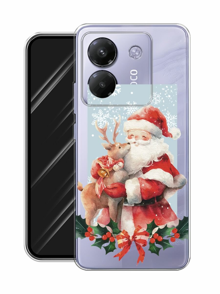 Чехол на Poco M7 Pro / Поко М7 Про с принтом Санта с оленем, прозрачный — фото 1