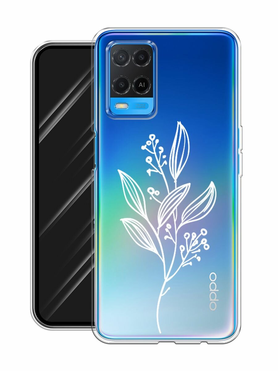 Чехол на Oppo A54 / Оппо A54 с принтом "Ветка с листочками и цветами", прозрачный — фото 1