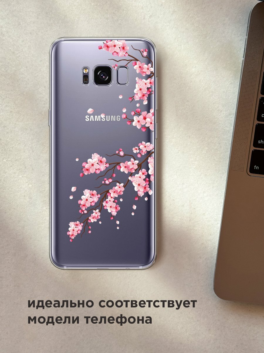 Чехол на Samsung Galaxy S8 + / Самсунг Галакси С8 Плюс с принтом "Цветущая ветка сакуры рисунок", прозрачный — фото 1