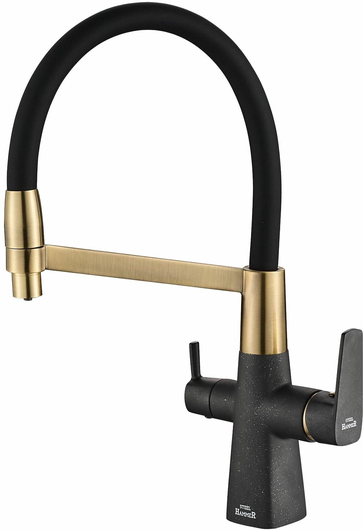 Смеситель ZorG Steel Hammer SH 818-6 BLACK BR для кухонной мойки, черный гранит бронза, гибкий черный излив, под фильтр
